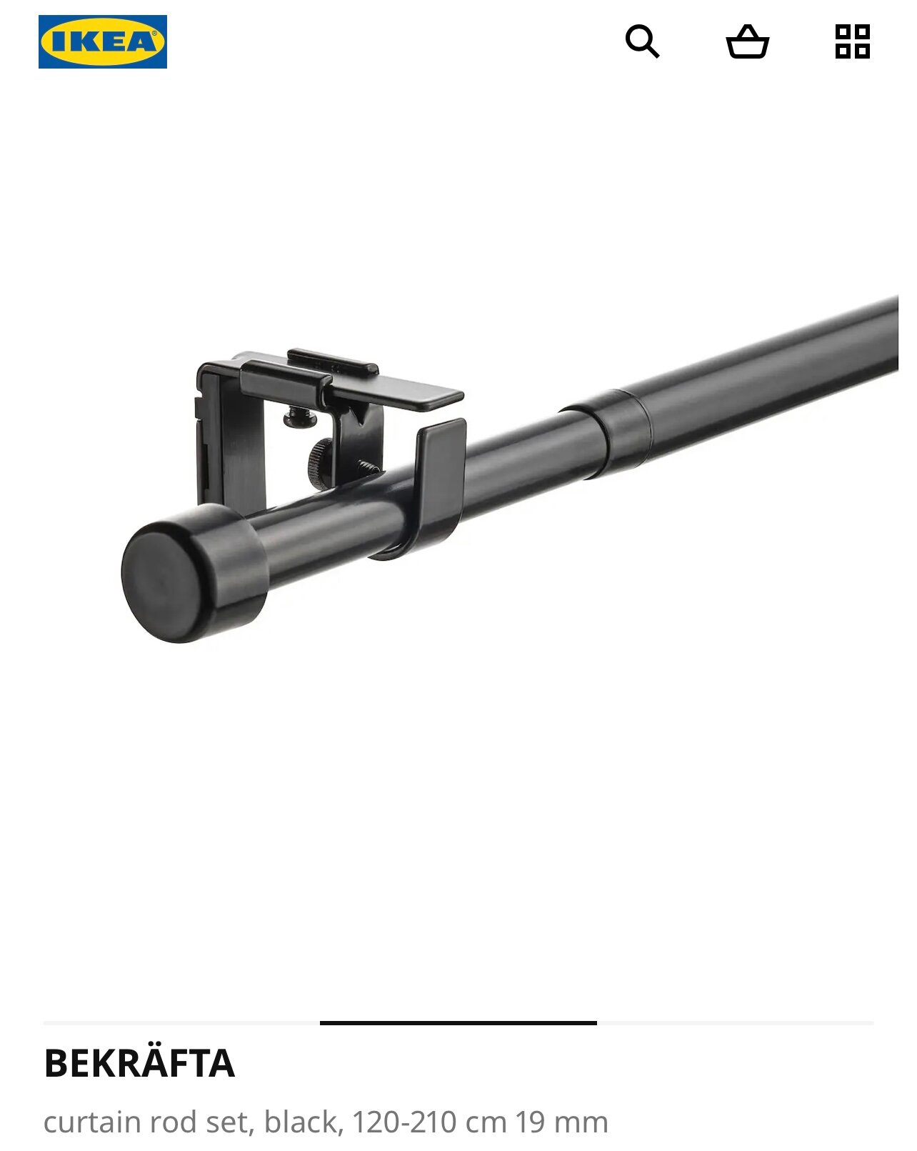 Карниз одинарный BEKRÄFTA IKEA, черный, раздвижной 120-210 см 19 мм, металл