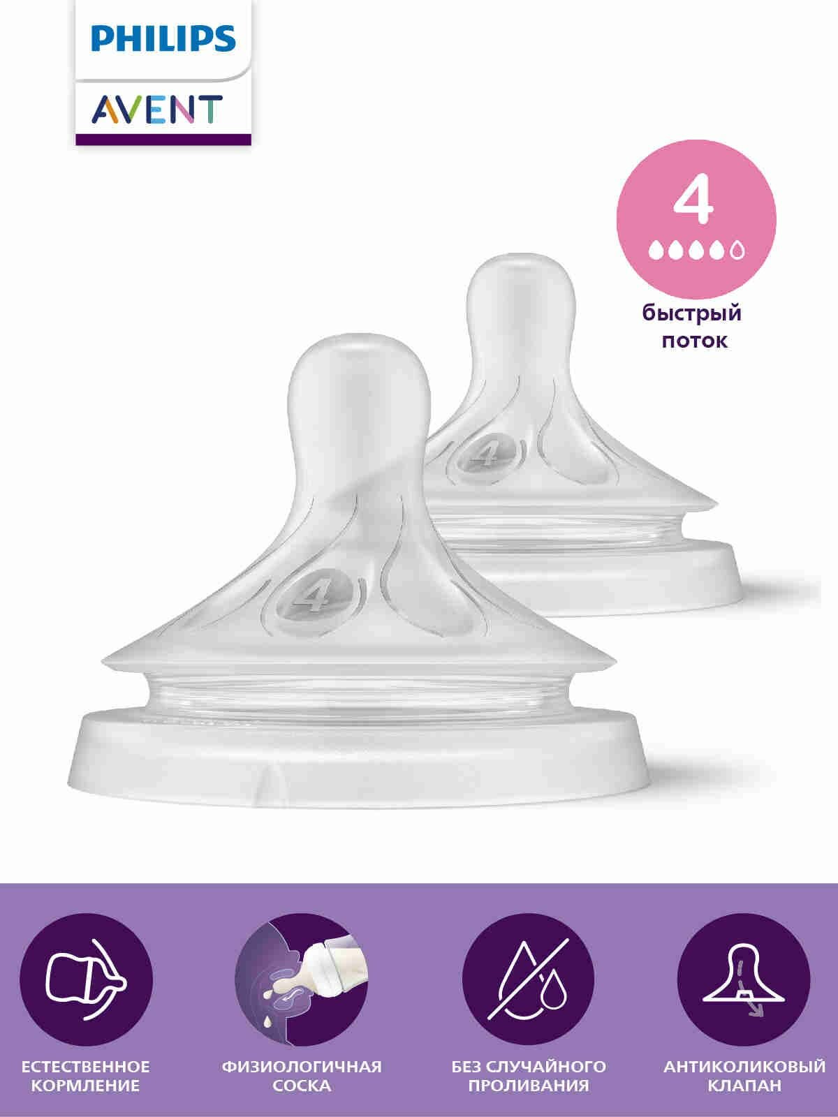 Соска силиконовая для бутылочек Philips Avent Natural Response SCY964/02 с быстрым потоком, 2 шт для новорожденных быстрый поток для новорожденных силиконовая соска быстрый поток соска для бутылочек новорожденных