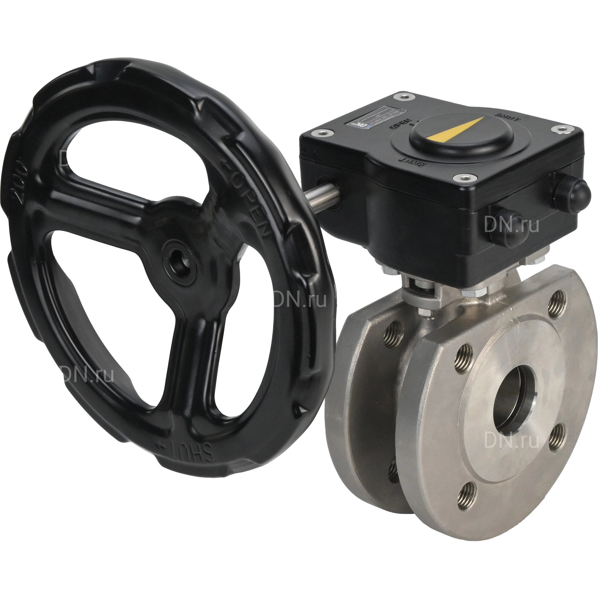 Кран шаровой DN.ru КШмФП.316.200 Ду80 Ру16 полнопроходной двухходовой, нержавеющая сталь 316, межфланцевый, уплотнение - PTFE, с ISO-фланцем и редуктором DN. ru HAM-1