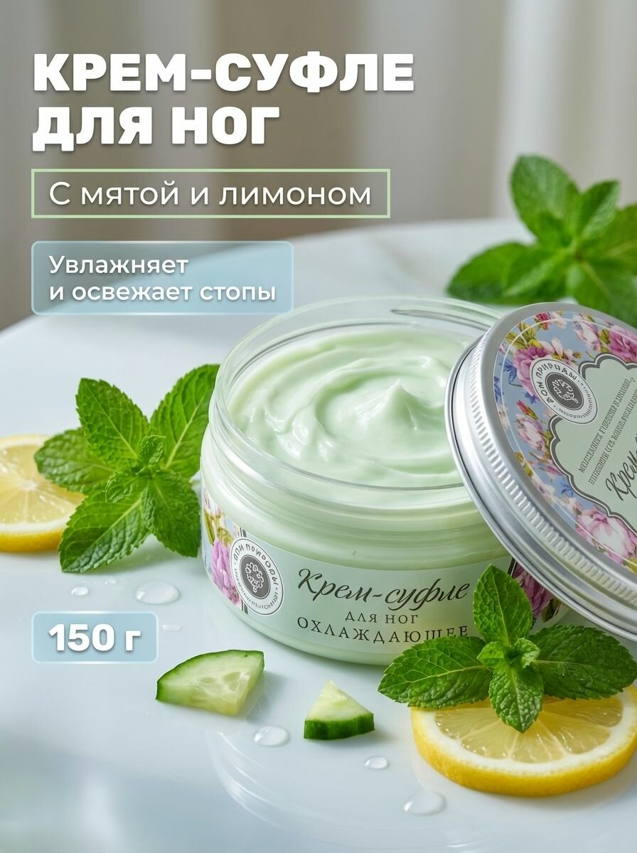 Крем-суфле охлаждающее для ног с мятой лимоном и огурцом увлажняет смягчает заживляет трещины 150 г