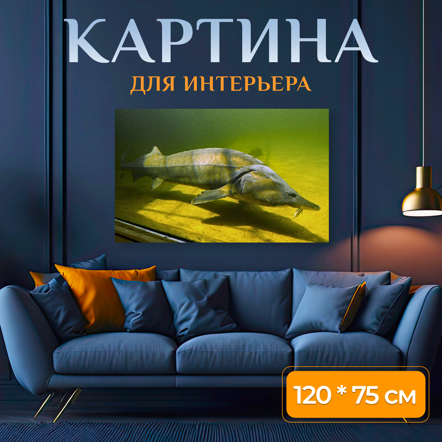 Картина на холсте "Kapitaler осетровых рыб, большой аквариум, рыбы" на подрамнике 120х75 см. для интерьера