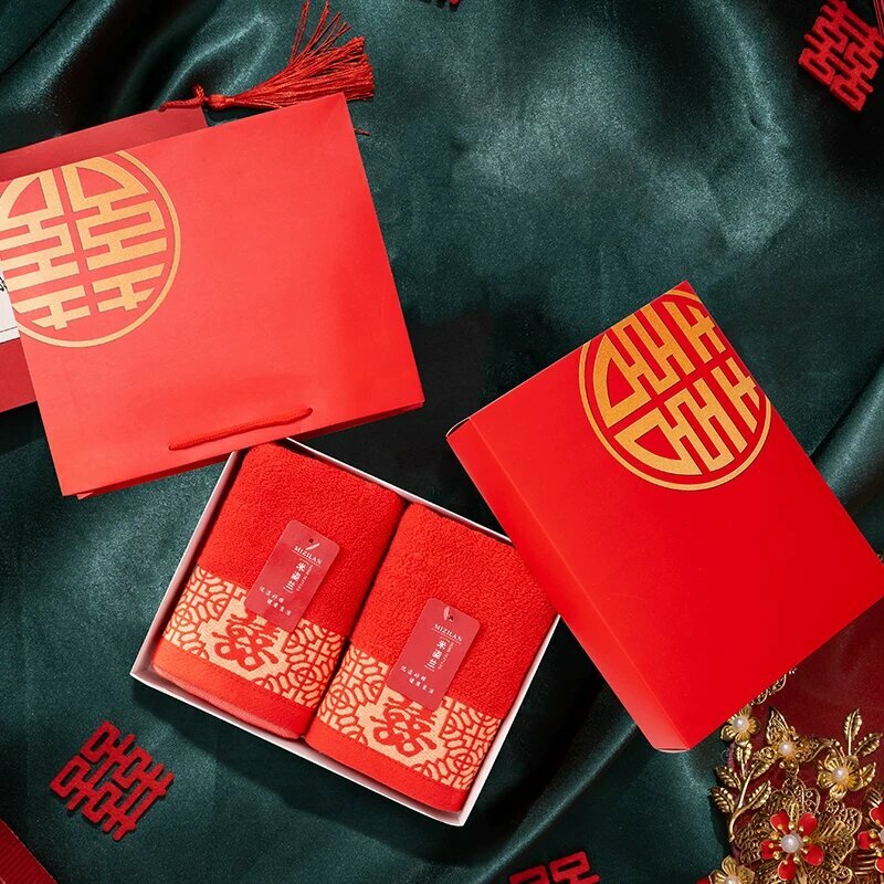 Китайское красное двойное полотенце на счастье, одноцветное, из чистого хлопка, свадебная стильная подарочная коробка,