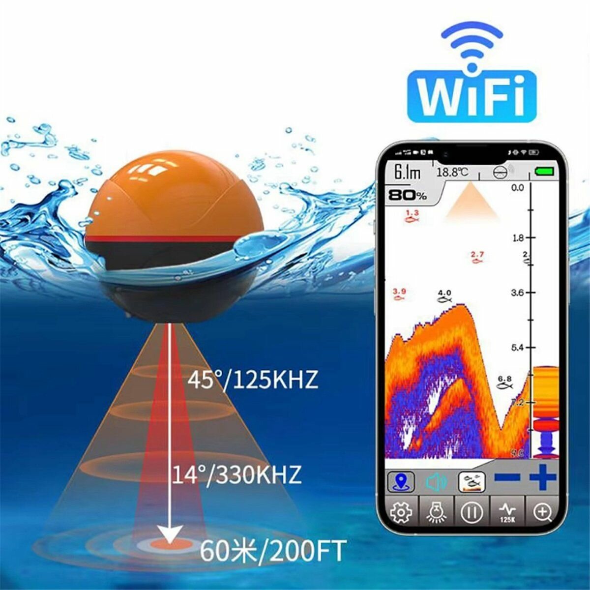 Рыбопоисковый эхолот F68W Wi-Fi 125 кГц/330 кГц