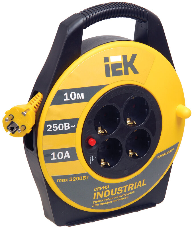 Удлинитель силовой IEK 4 розетки, шнур 10 м, ПВС 3x1.5, УК10, с термозащитой