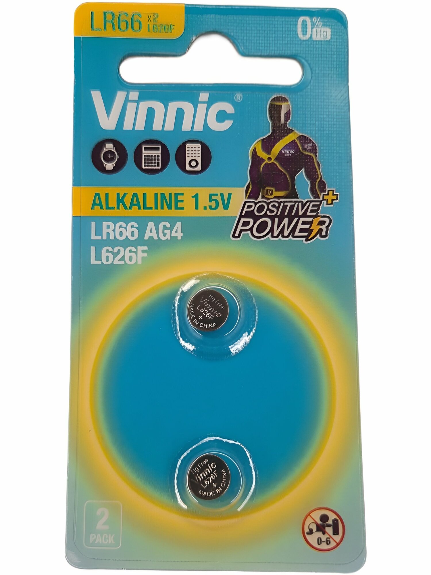 Батарейка L626F (AG4, LR66, 377) VINNIC щелочная (алкалиновая) 1,5В 2 штуки (бл2)