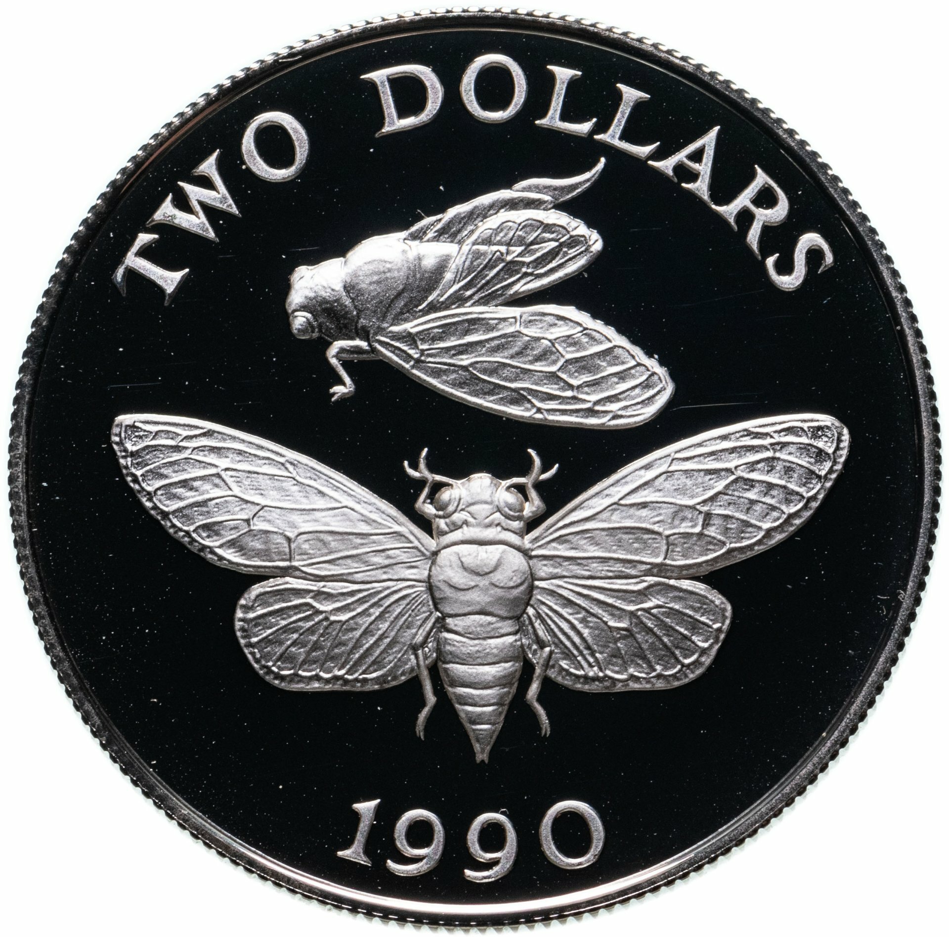 Бермудские острова 2 доллара 1990 "Цикада", Серебро 925, в сохранности Proof