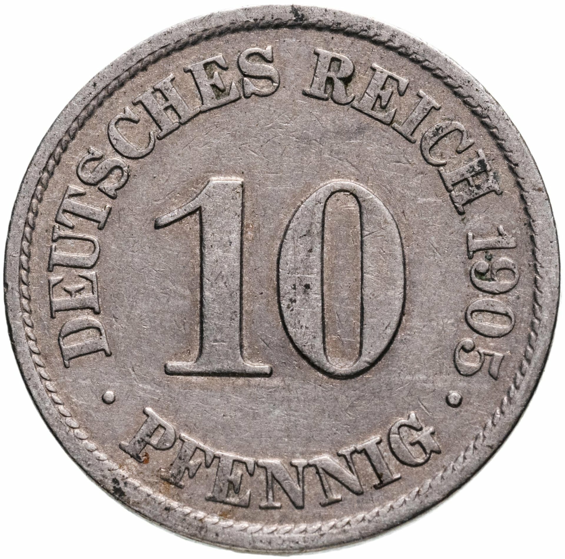 Германия 10 пфеннигов 1905 знак монетного двора: "A" - Берлин, Никель, в сохранности VF
