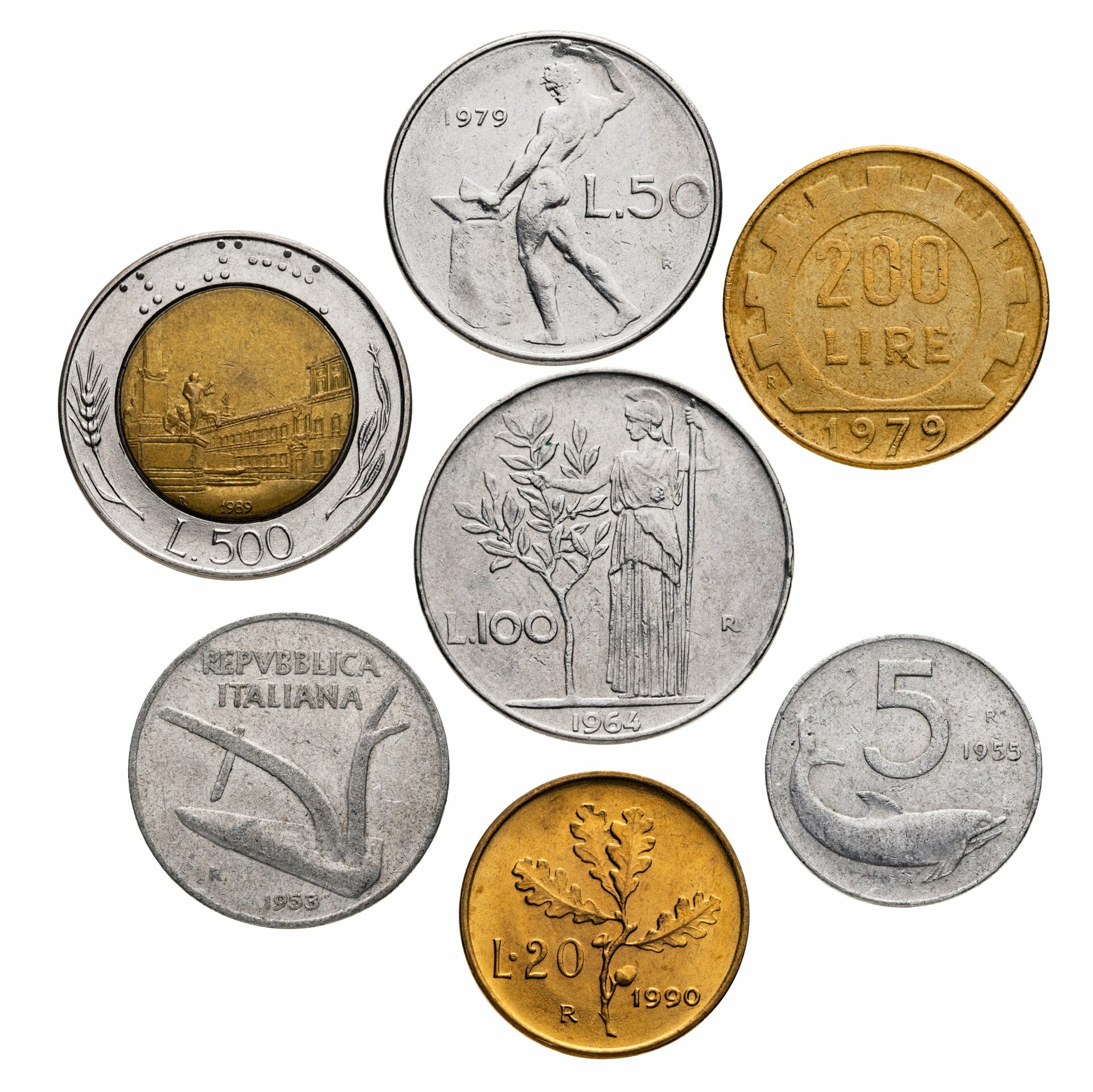 Италия набор монет 5-500 лир 1951-2001 7 штук, Алюминий, Алюминиевая бронза, Нержавеющая сталь, Биметалл, в сохранности VF-UNC