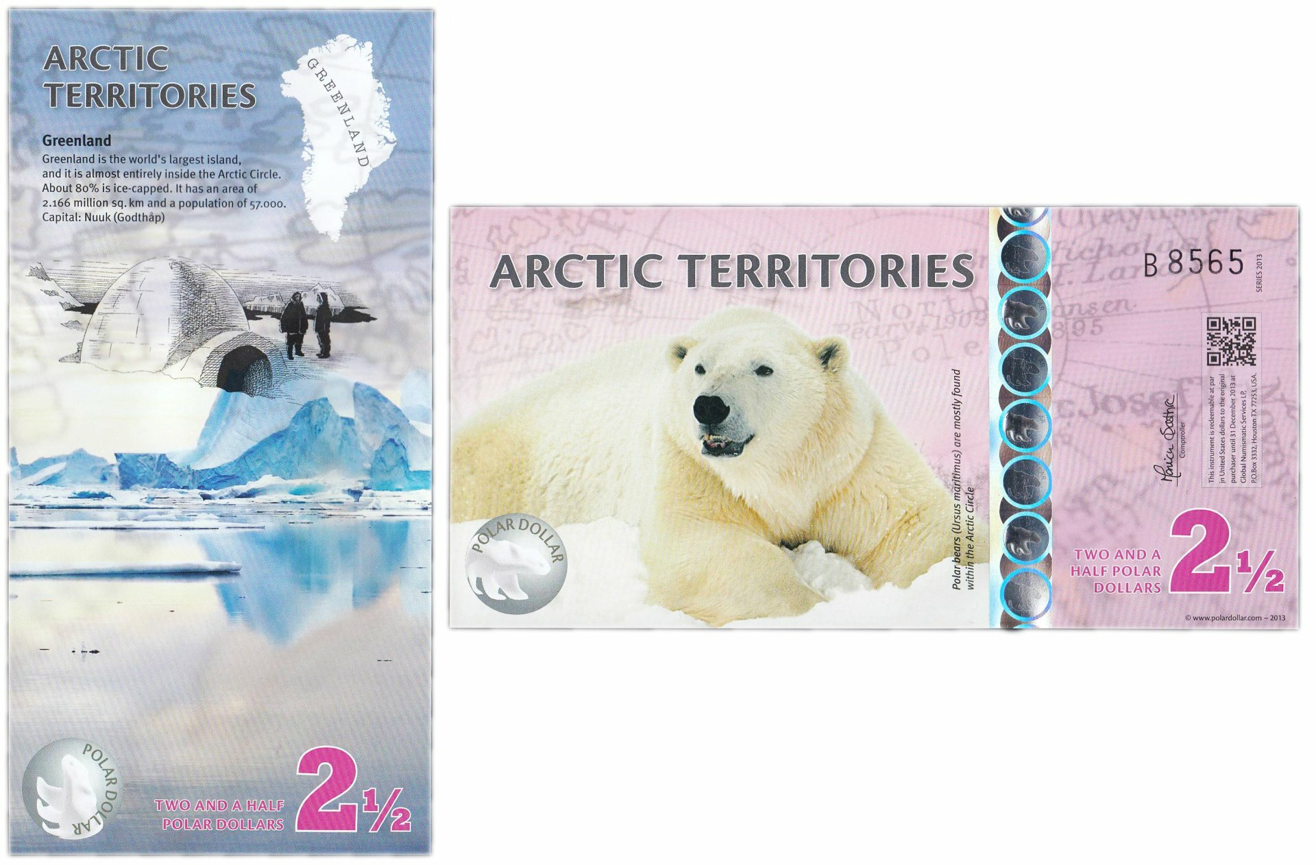 Арктические территории Арктика2,5 2 + 1/2 доллара 2013 "Полярный медведь" полимер