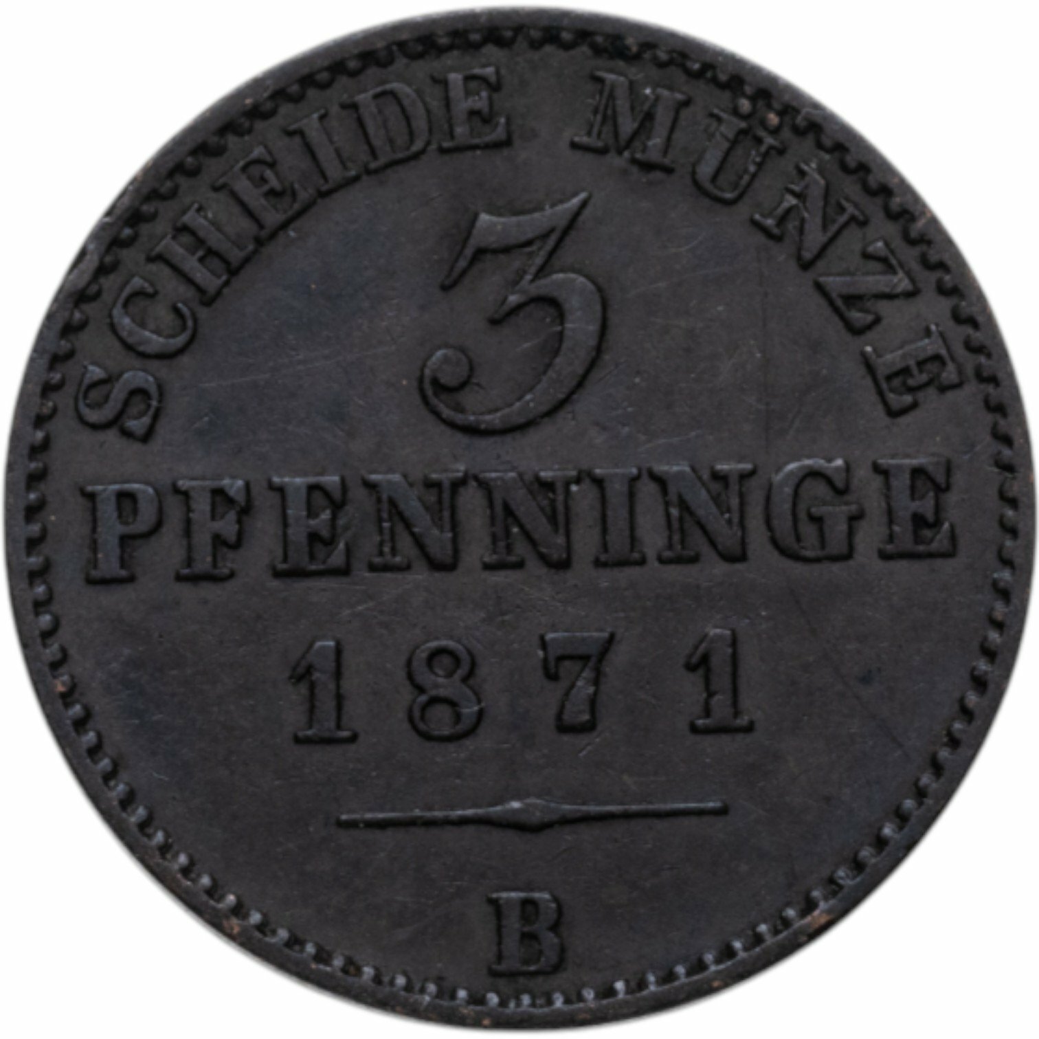 Пруссия 3 пфеннига 1871 B, Медь, в сохранности XF