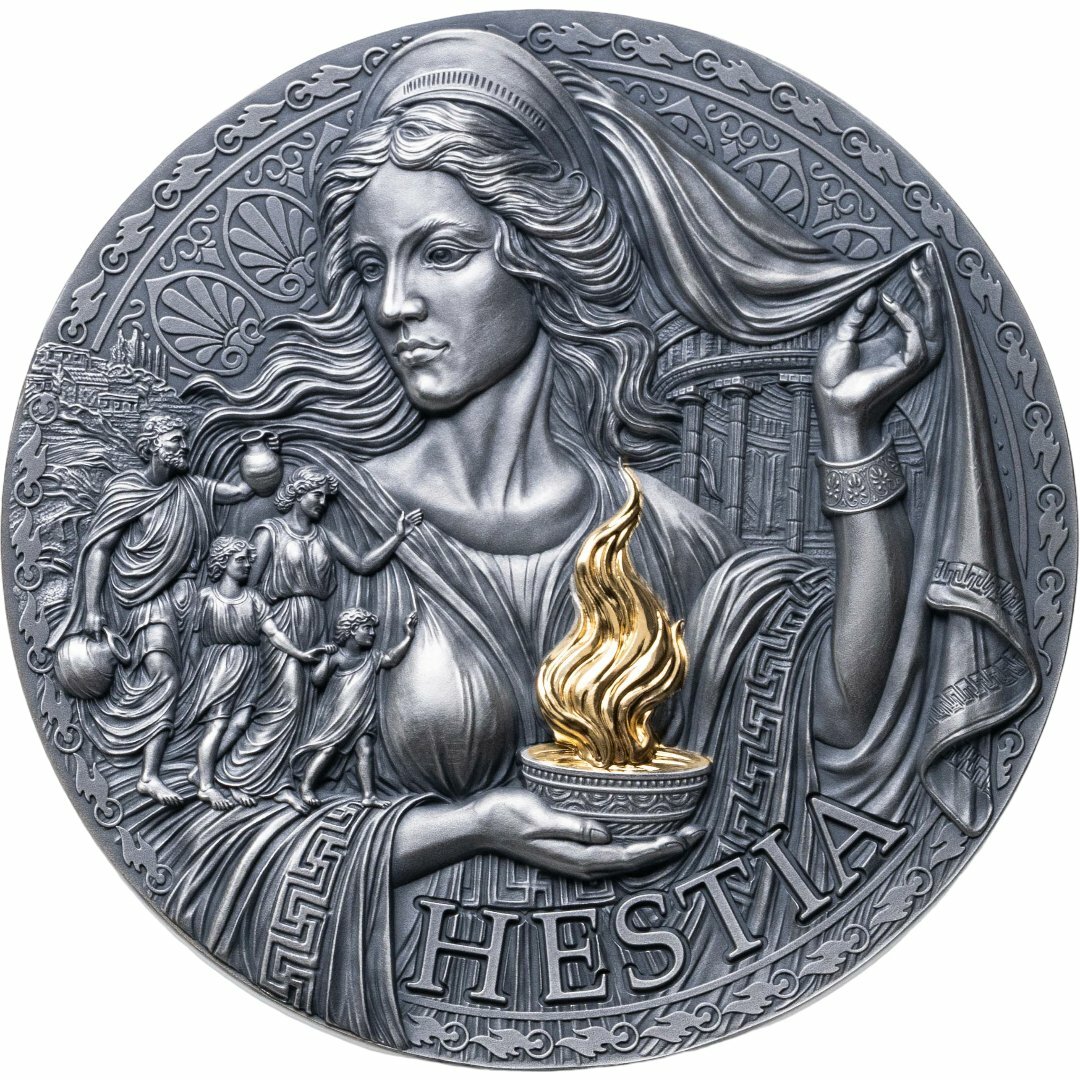 Камерун 3000 франков 2025 "Греческая мифология: Гестия " в футляре с сертификатом, Серебро 999, в сохранности UNC