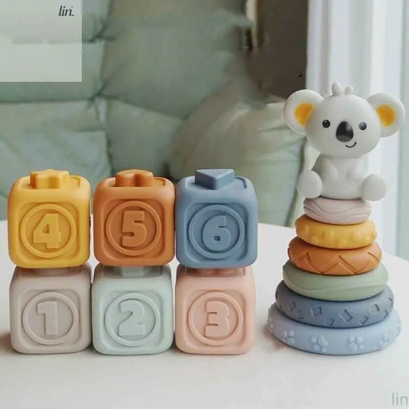 Набор мягких кубиков и пирамидки "Коала" с игрушкой-грызунок