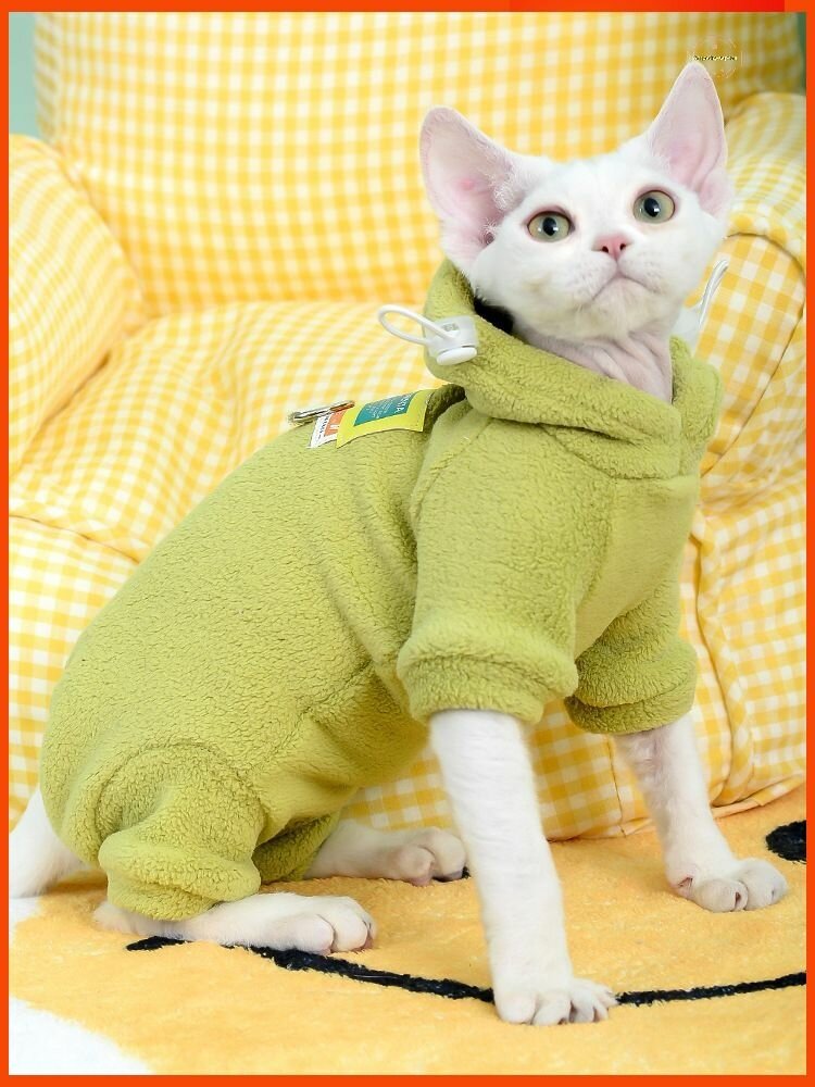 Эксклюзивный утепленный комбинезон для бесшерстных кошек, модель с капюшоном и полным покрытием всех четырех лап