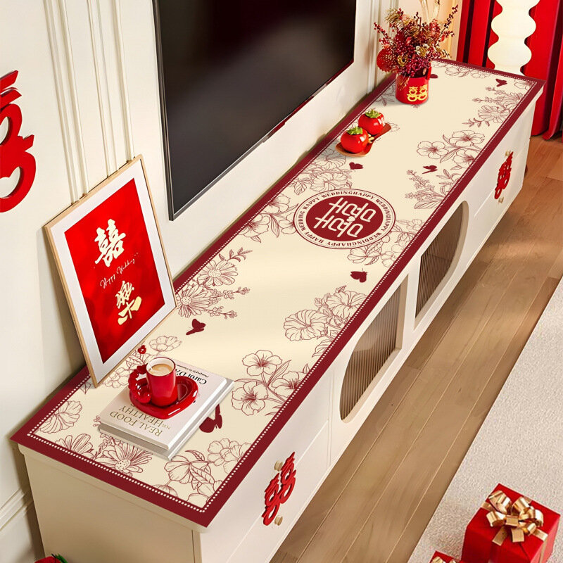 Свадебный ТВ-шкаф Скатерть Красная Праздничная Двойное Счастье Персонаж Обувной Шкаф Столешница Кожаный Защитный Коврик Буфет Длинный Скатерть