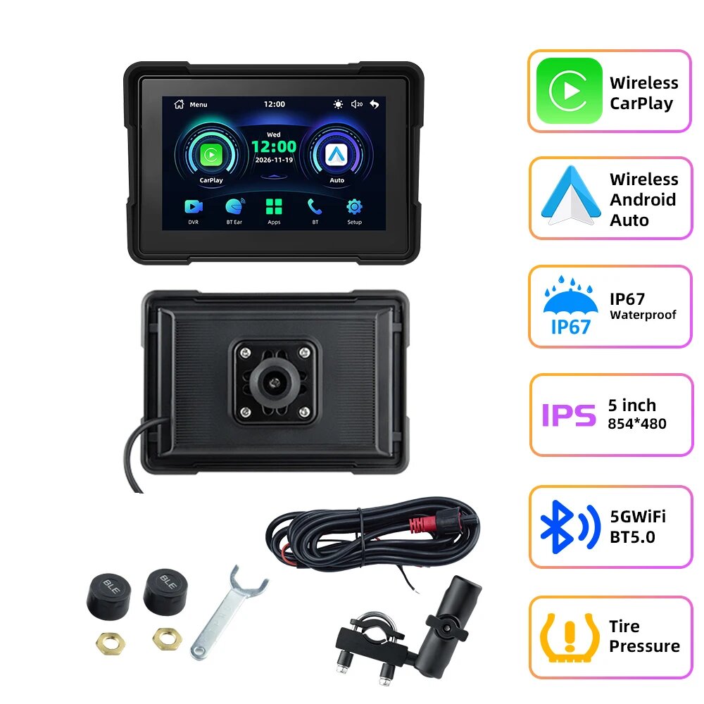 Мотоциклетный навигатор EKIY M16C 5 дюймов, водонепроницаемый, с поддержкой CarPlay, беспроводным Android Auto, TPMS и видеорегистратором Нет, M16C-TPMS