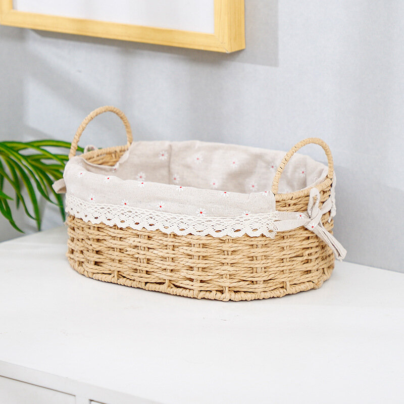 Настольный ящик для хранения косметики, закусок, мелких предметов, тканевый держатель для ключей, плетеная корзина для журнального столика в пасторальном стиле, круглой формы.