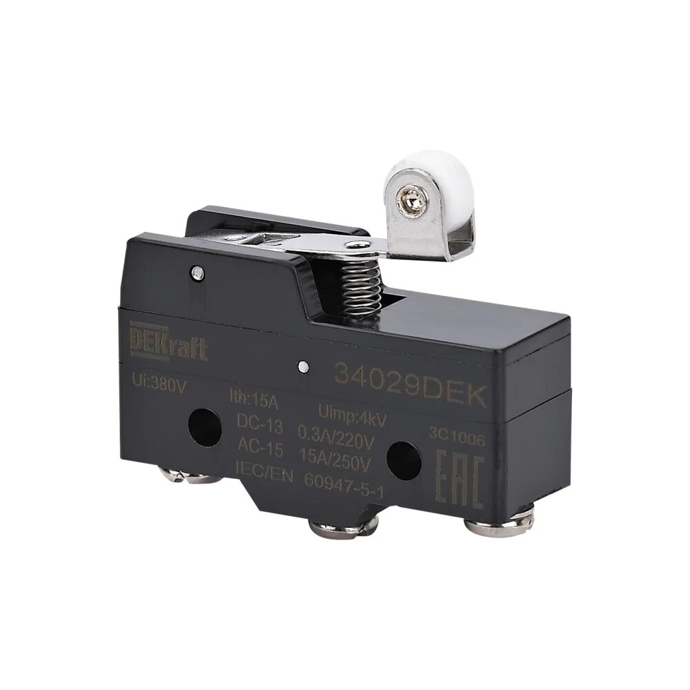 Миниатюрный концевой выключатель Dekraft 1НО1НЗ шарнирного короткого рычажного типа с роликом 34029DEK