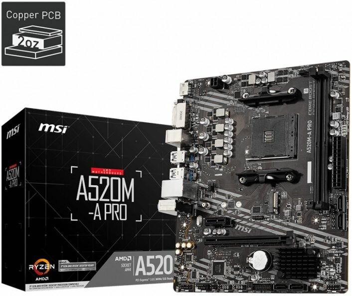 Материнская плата / A520M-A PRO / MB MSI AMD A520 sAM4, 2xDDR4(64GB), DVID/ HDMI 2.1,