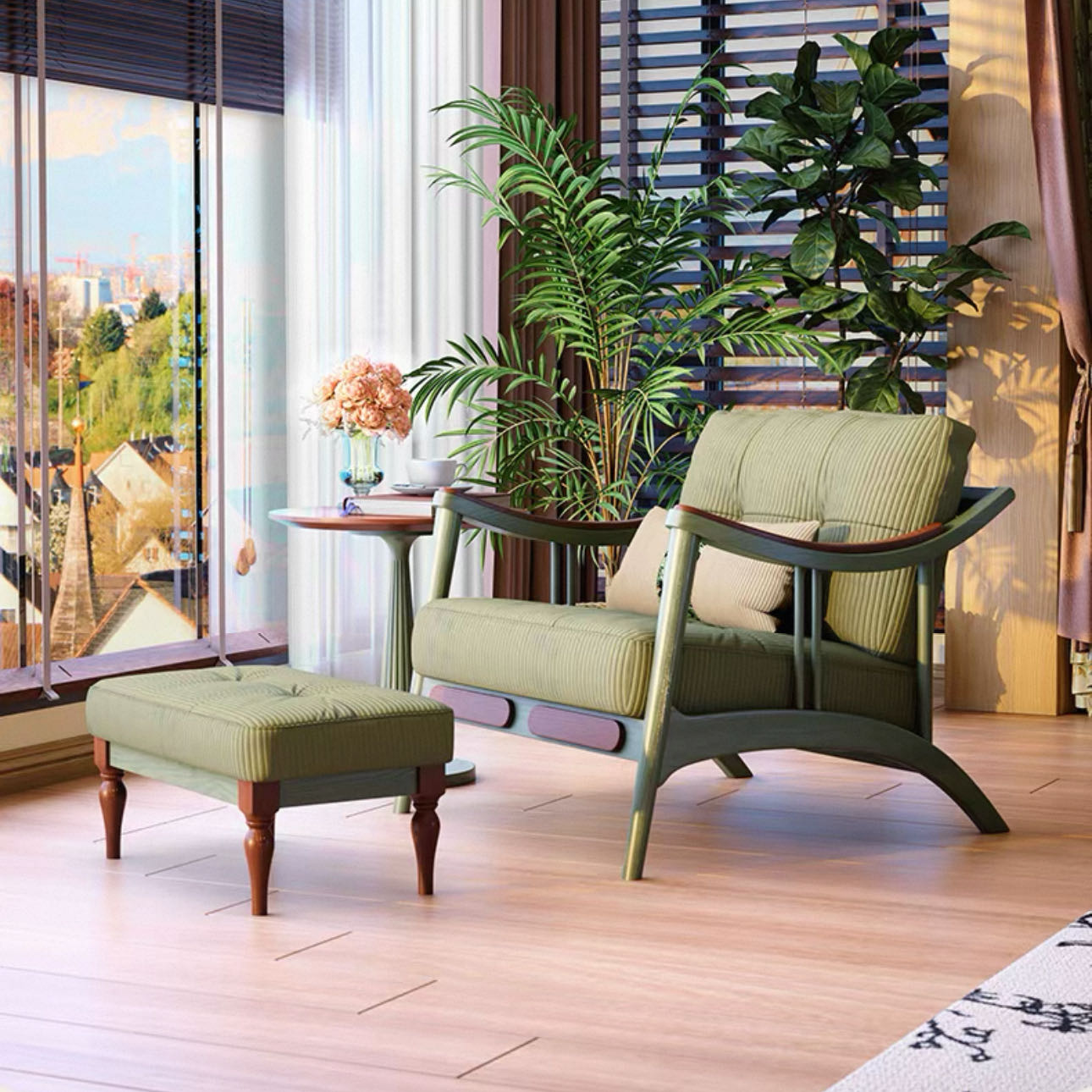 Интерьерное деревянное кресло Murieta коллекции Revello Green (кресло + банкетка для ног)