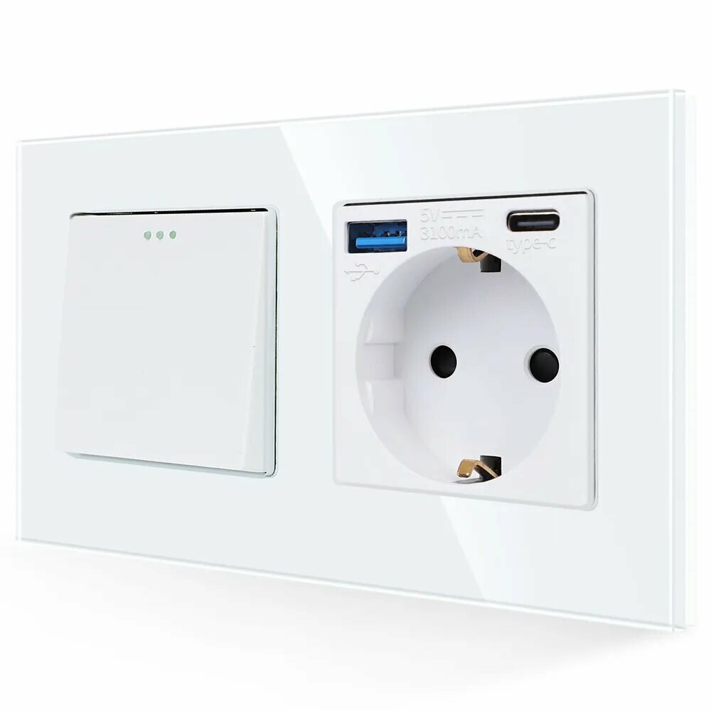 Выключатель Одноклавишный с розеткой ,1 клавиша, 1 розетка с USB и type-C, рамка закаленное стекло Белая