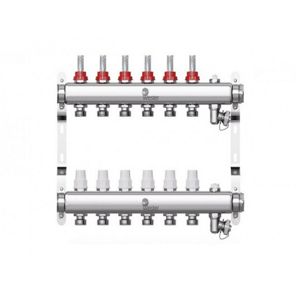 Коллекторная группа 1" из нерж. стали на 7 выходов 3/4"ЕК с расходомерами, коллектор W902 в сборе, Wester 0-32-1835