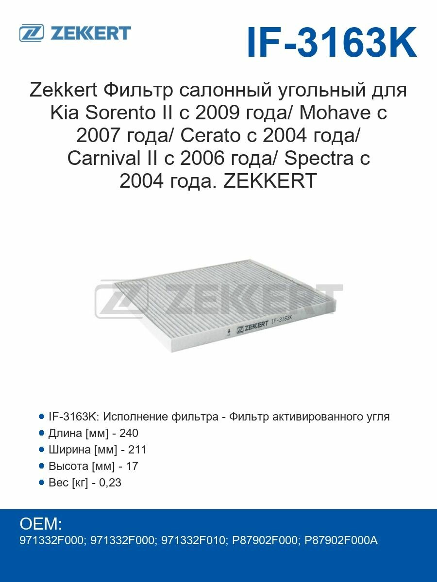 Zekkert Фильтр салонный угольный для Kia Sorento II с 2009 года/ Mohave с 2007 года/ Cerato с 2004 года/ Carnival II с 2006 года/ Spectra с 2004 года. ZEKKERT