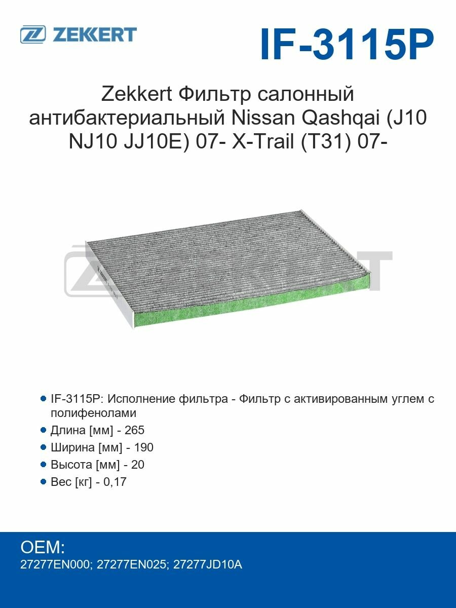 Zekkert Фильтр салонный антибактериальный Nissan Qashqai (J10 NJ10 JJ10E) 07- X-Trail (T31) 07-