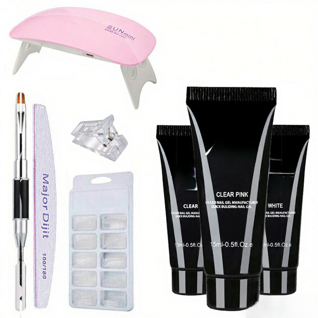 DouborQ Набор для наращивания ногтей с гелем для построения Poly Quick Building Gel 15мл, спатулой, кистью, ложечками для ногтей, лампой UV: 3 UV геля, 100 наращенных ногтей, пилка для ногтей, клипса для ногтей, кисть, лампа UV, 3 цвета, объем 15мл,