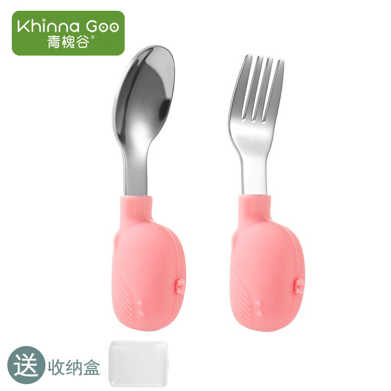 Вилка и ложка из нержавеющей стали Qinghuai Valley для обучения еде, короткая ручка, детская посуда, тренировочная вилка и ложка для детского питания