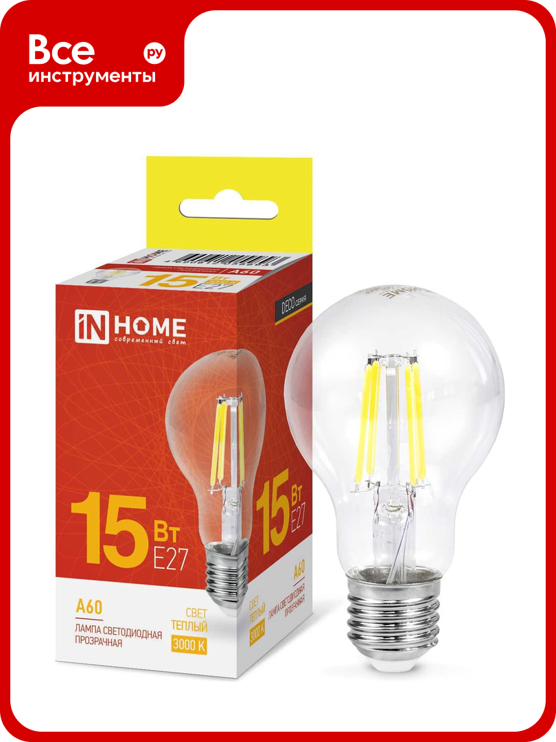 Лампа IN HOME сд LED-A60-deco 15Вт 230В Е27 3000К 1480Лм прозрачная 4690612055893