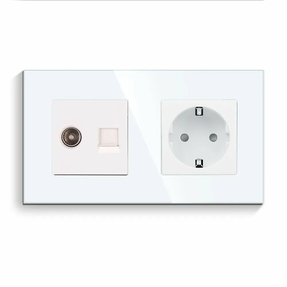 Розетка 2 поста с интернет/тв, RJ45/tv, рамка 157х86мм стекло, цвет белый