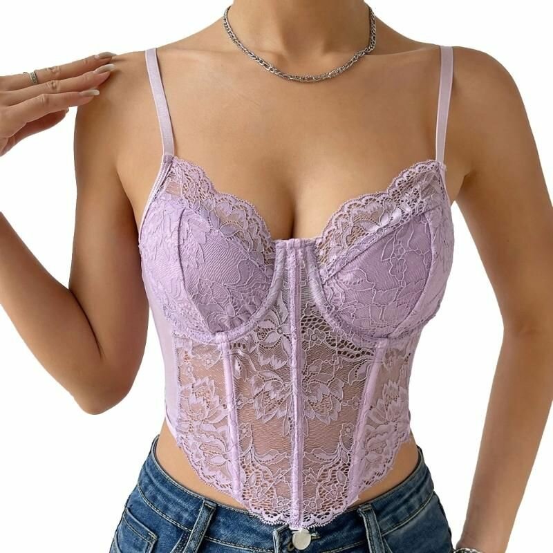 Женский прозрачный кружевной корсет с цветочным узором, Фиолетовый - L