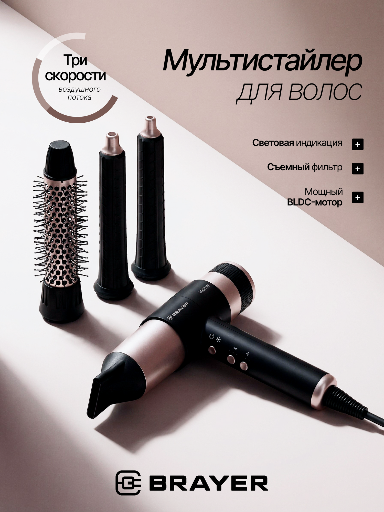 Фен-стайлер BRAYER BR3308 4-in-1, 2000Вт, 4 насадки,3 уровня температуры
