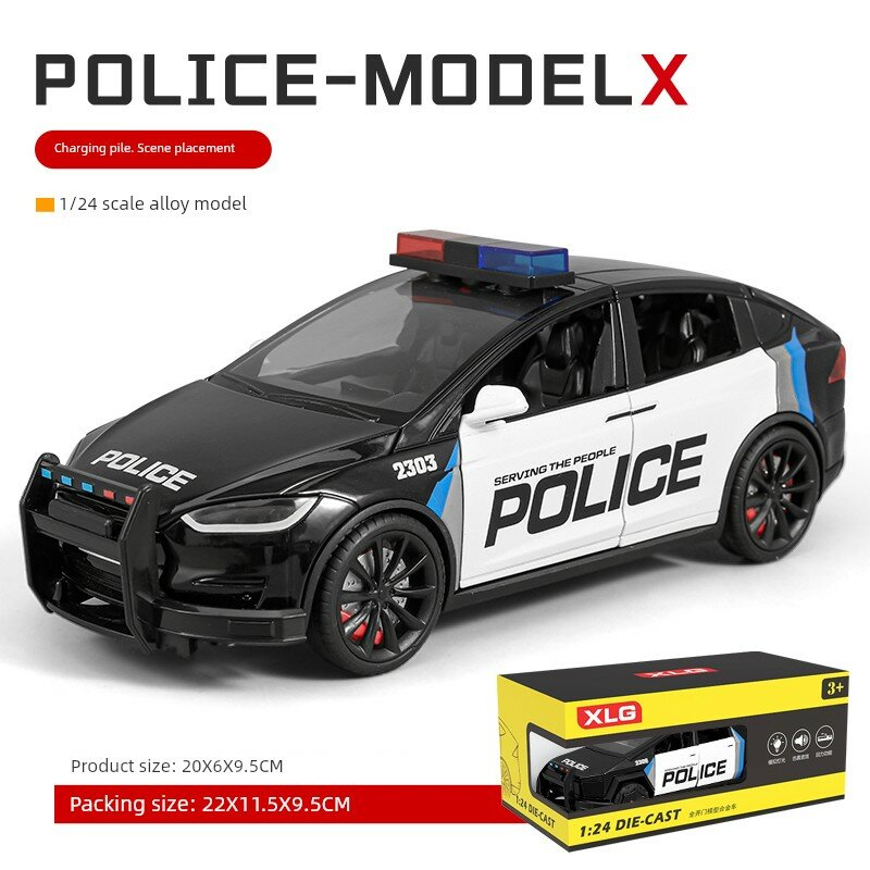 Модель полицейской машины Tesla Model X в масштабе 1:24 с подсветкой и звуком, алюминиевая копия для мальчиков