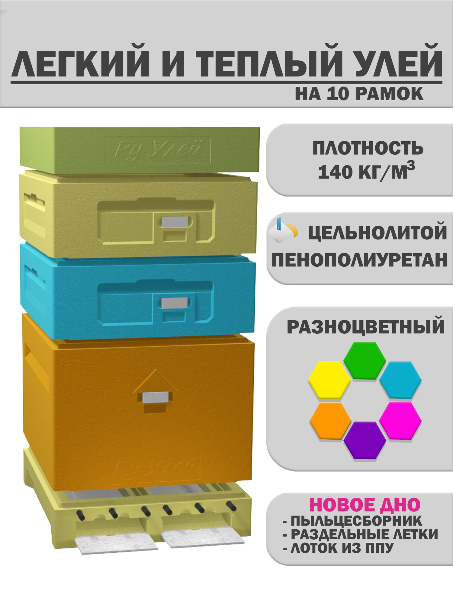 Улей для пчел ППУ 10 рамочный "Ру Улей", комплект (1 Дадан +2 Магазин)