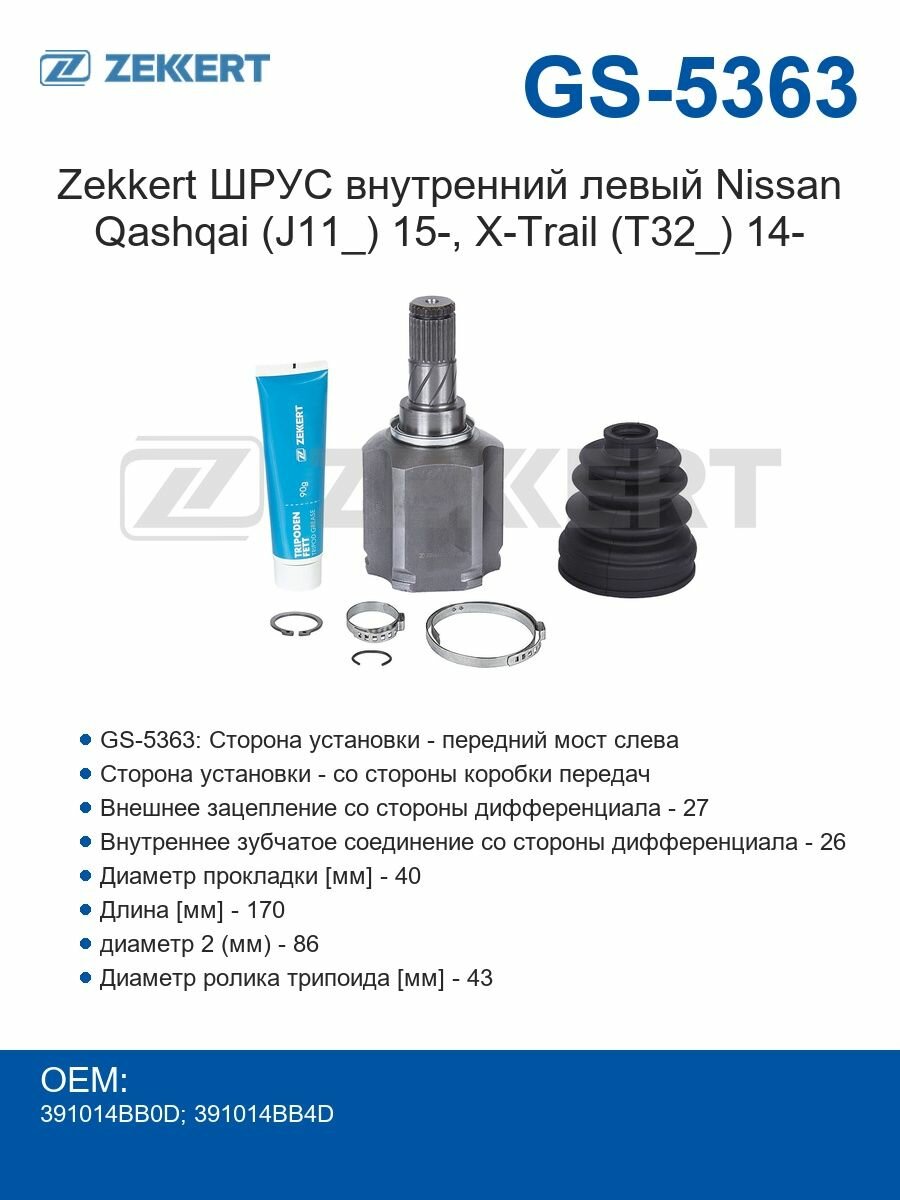 Zekkert ШРУС внутренний левый Nissan Qashqai (J11_) 15-, X-Trail (T32_) 14-