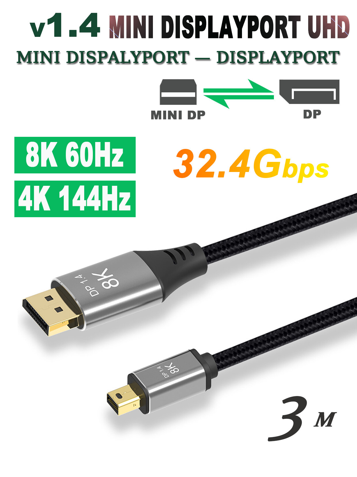 Кабель Mini DP на DP 1.4, 8K 60Hz 4K 144Hz 2K 240Hz, G-Sync/FreeSync, HDR
