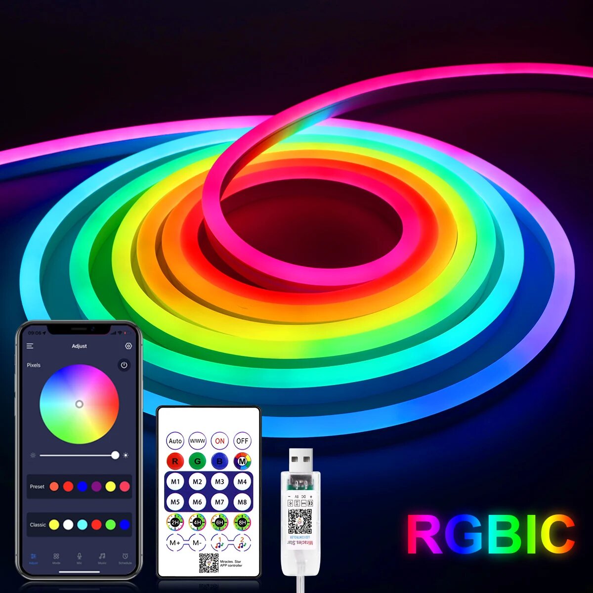 Светодиодная Лента RGBIC Neon 5V USB С Bluetooth, Водонепроницаемая, SMD5050, Для Декора Стен 5m