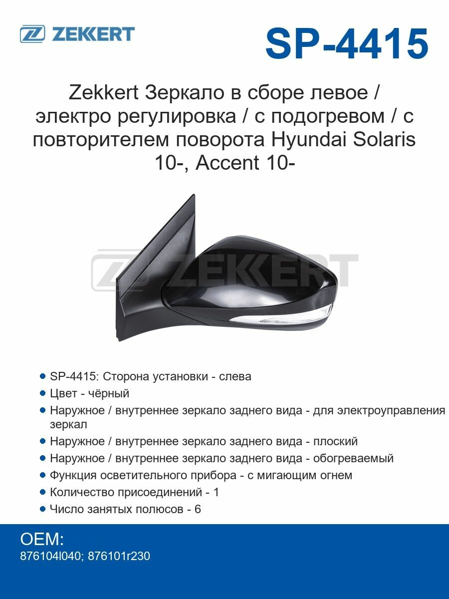 Zekkert Зеркало в сборе левое / эл регул / с подогр / с повт повор Hyundai Solaris 10-, Accent 10-