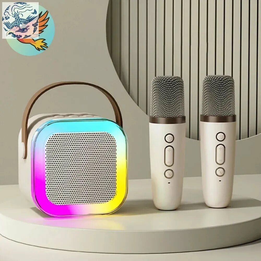 Мини караоке система портативная с Bluetooth, 2 микрофонами и светом, колонка для пения. Для всех смартфонов. Идеально для Дня Рождения, семьи, домашних вечеринок