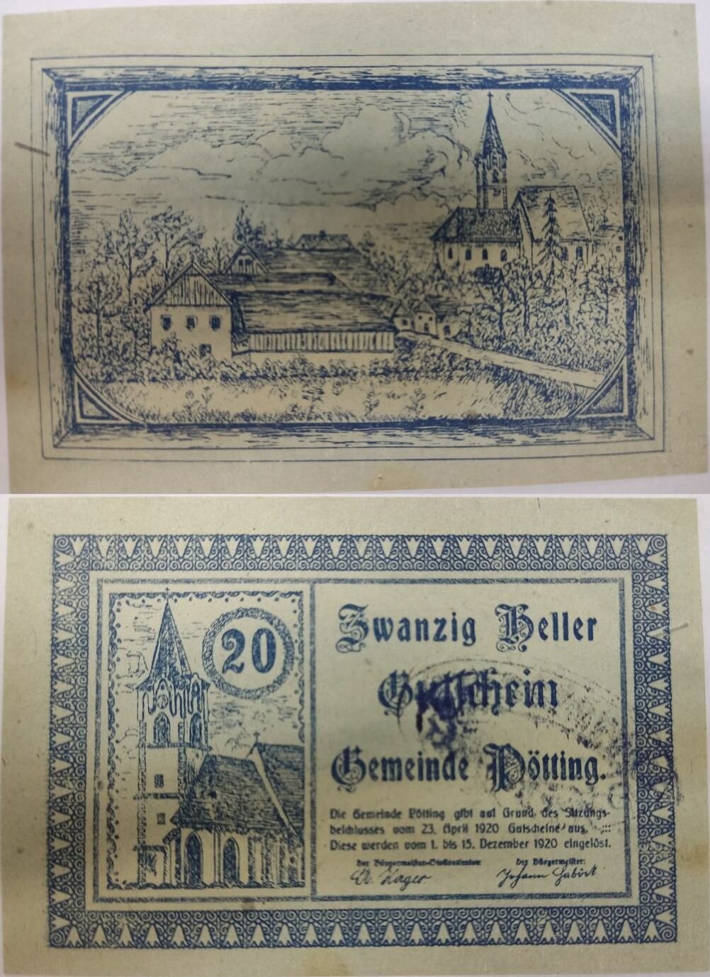 Австрия 20 геллеров Дёттинг 1920 aUNC