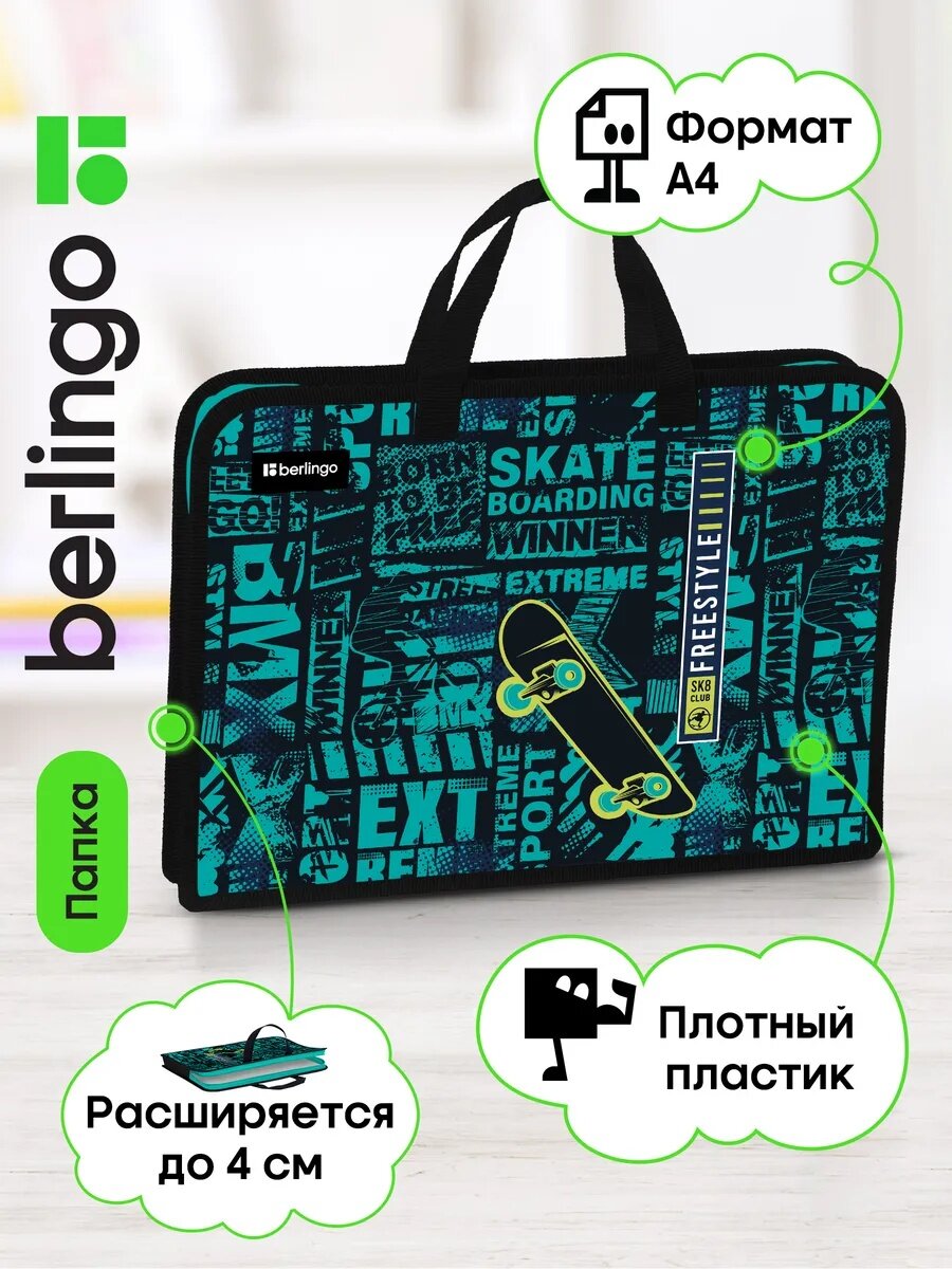 Папка с ручками 1 отделение, А4 Berlingo "Skateboarding", 340*245*40мм, пластик, на молнии
