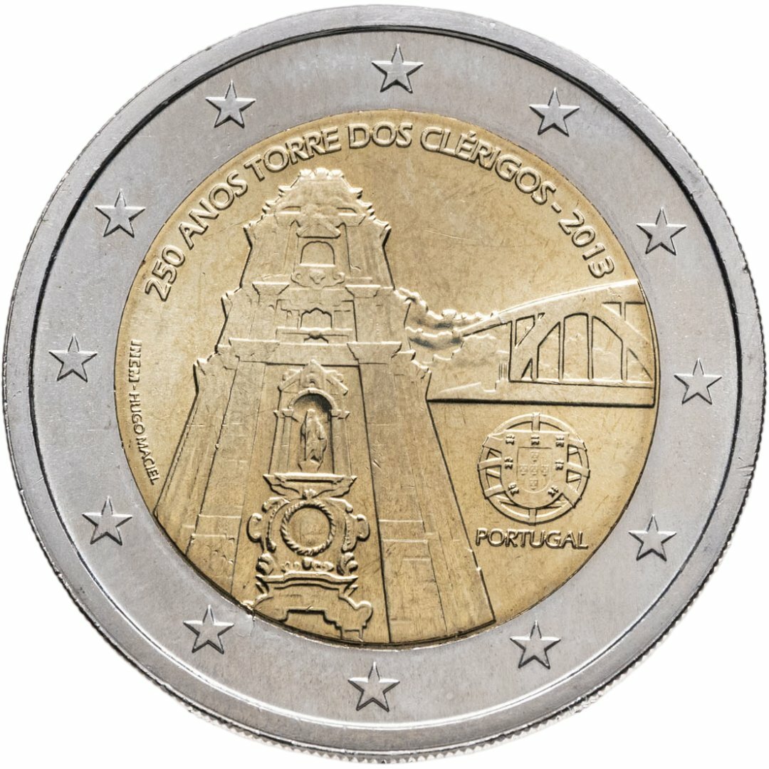 Португалия 2 евро euro 2013 "250 лет возведения колокольни церкви Клеригуш", Биметалл, в сохранности UNC