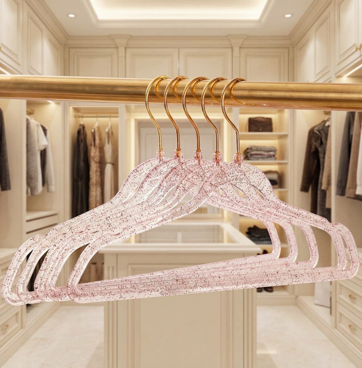 Вешалка плечики из прочного пластика с блестками DAENERO, длина 40 см, с золотистыми элементами, 5 штук в комплекте