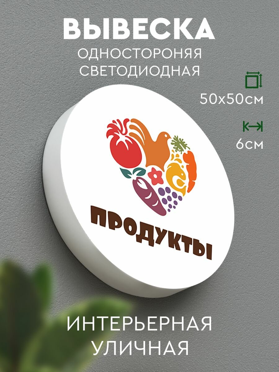 Вывеска световая интерьерная односторонняя с подсветкой , диаметр 50 см. "Продукты" 2