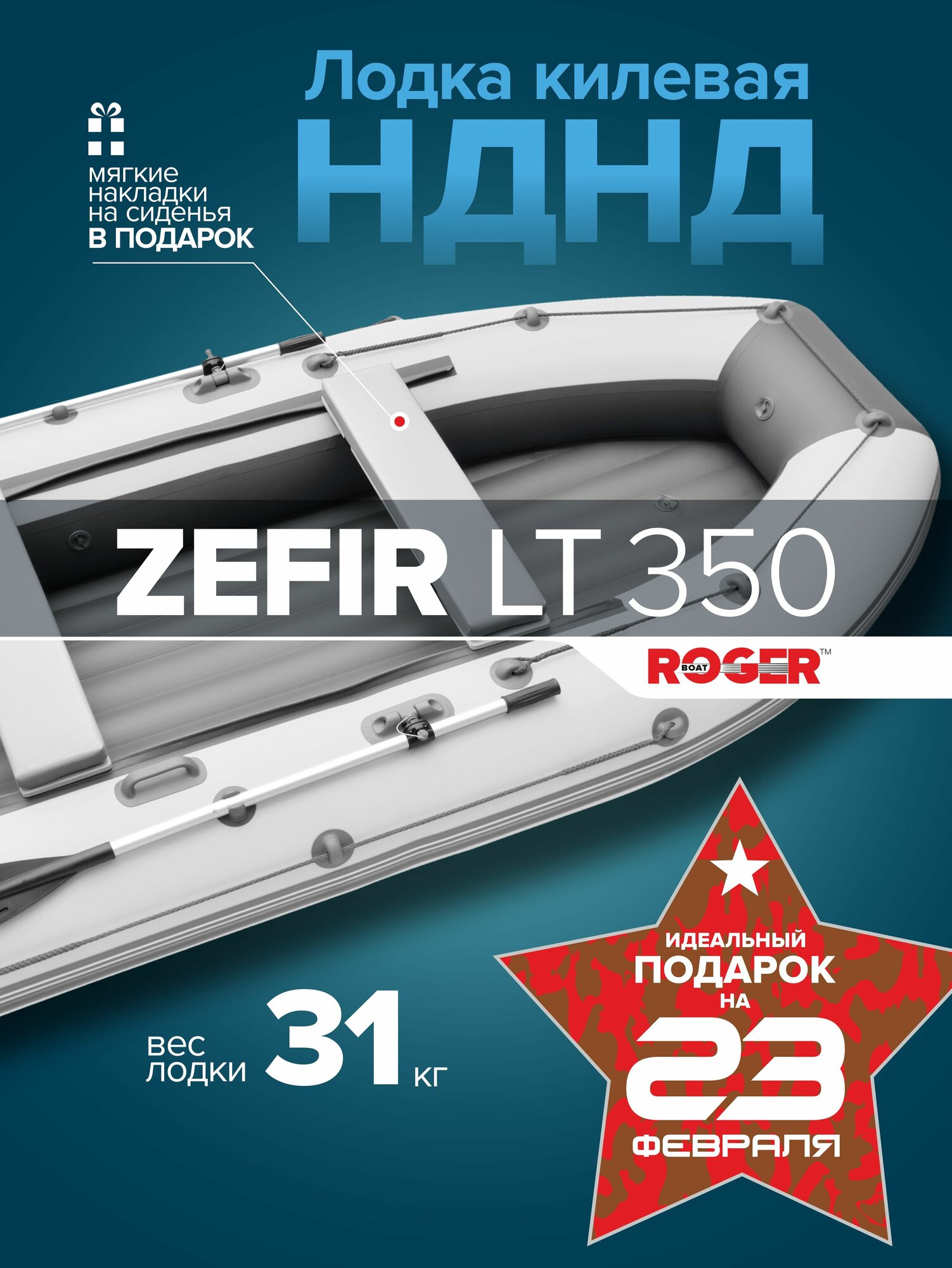 Лодка ПВХ под мотор ROGER Zefir 350 LT, лодка надувная для рыбалки роджер НДНД киль (белый - графитовый)