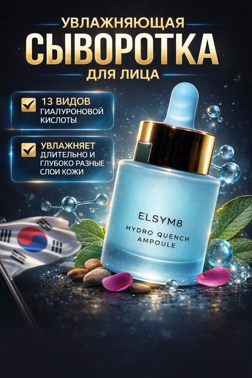 Сыворотка увлажняющая Elsym8 HydroQuenchAmpoule, с гиалуроновой кислотой, 30мл