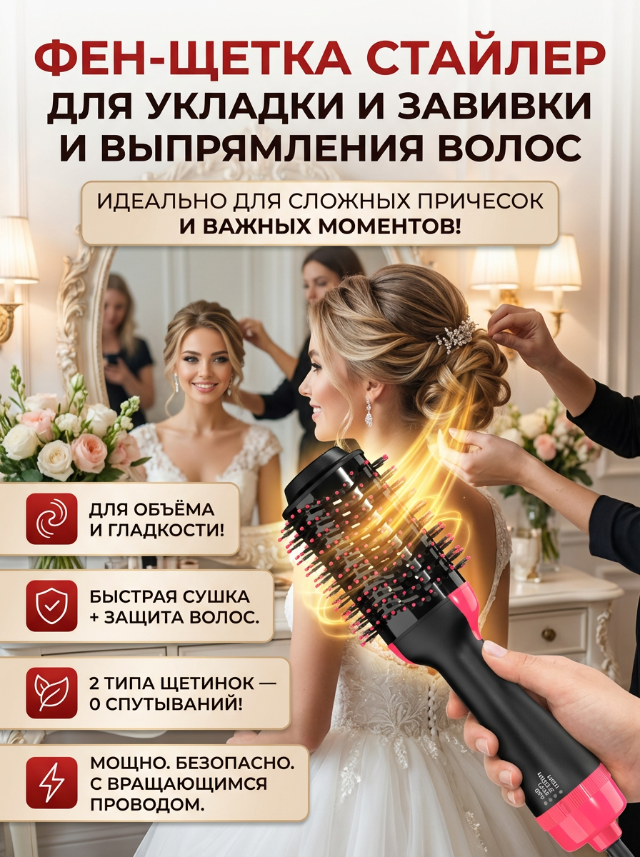 Фен-щетка для волос 3 в 1, Термощетка, Выпрямитель для волос, Стайлер, Расческа