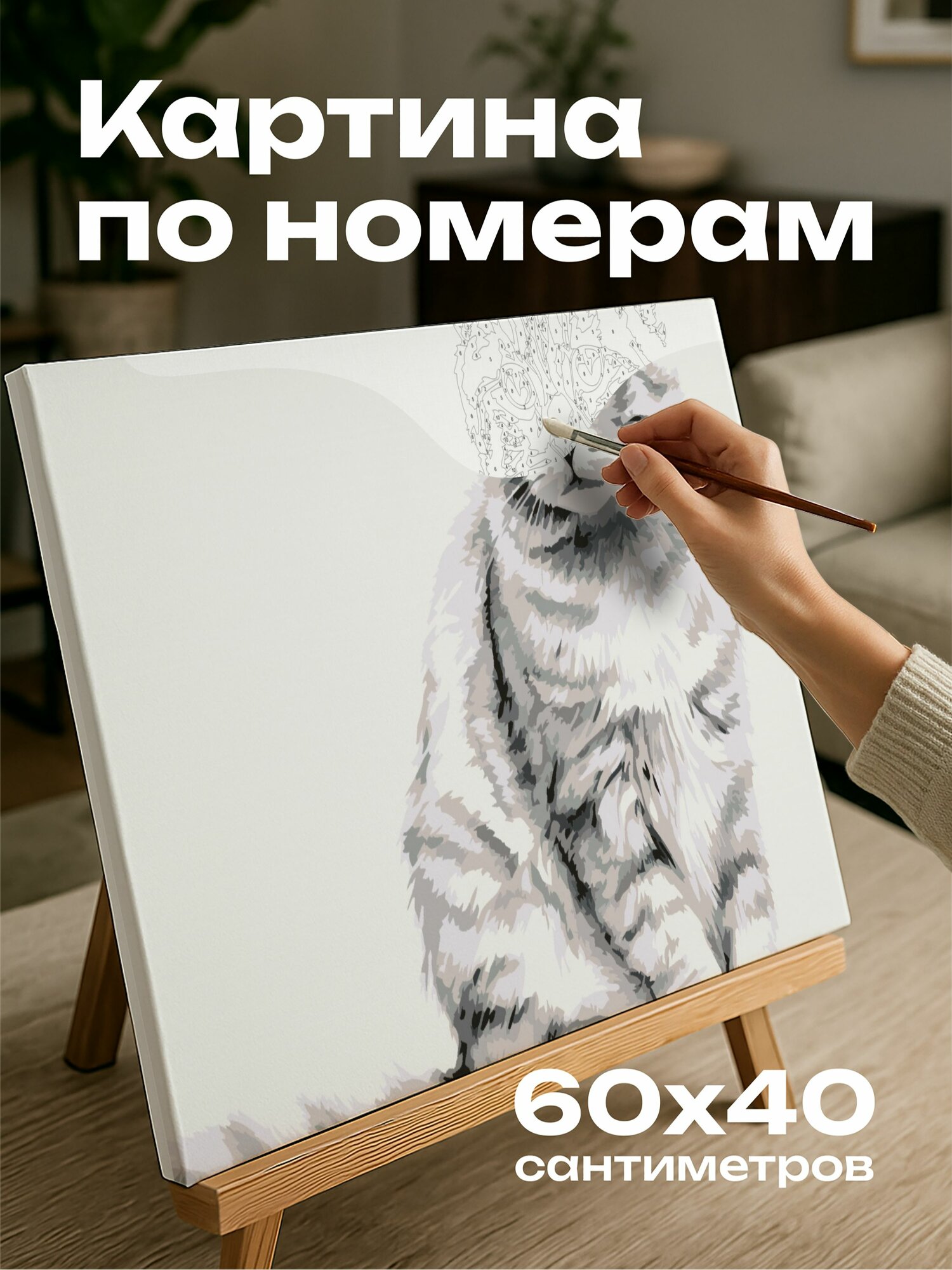 Картина по номерам 60x40 см, графитовый набросок, британская кошка, осанка, изящные формы, элегантность, тонкие штрихи