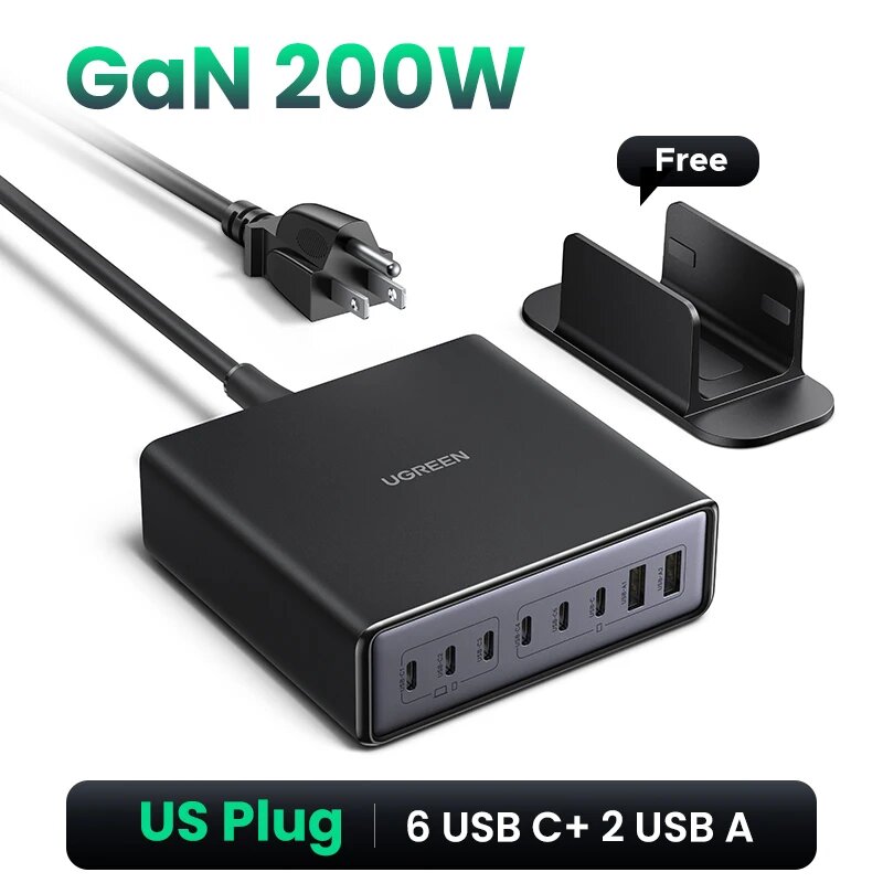UGREEN 200 Вт GaN Зарядное устройство 8 в 1 Настольная зарядная станция USB C Подставка для ноутбуков Macbook iPhone 16 15 Pro Xiaomi Samsung Tablets